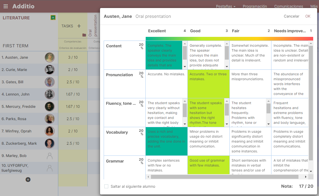 Working with rubrics in class - Additio App